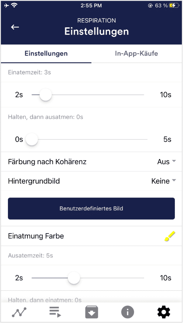Einstellungsmöglichkeiten der Atemhilfe mit frei wählbaren Zeiten für ...