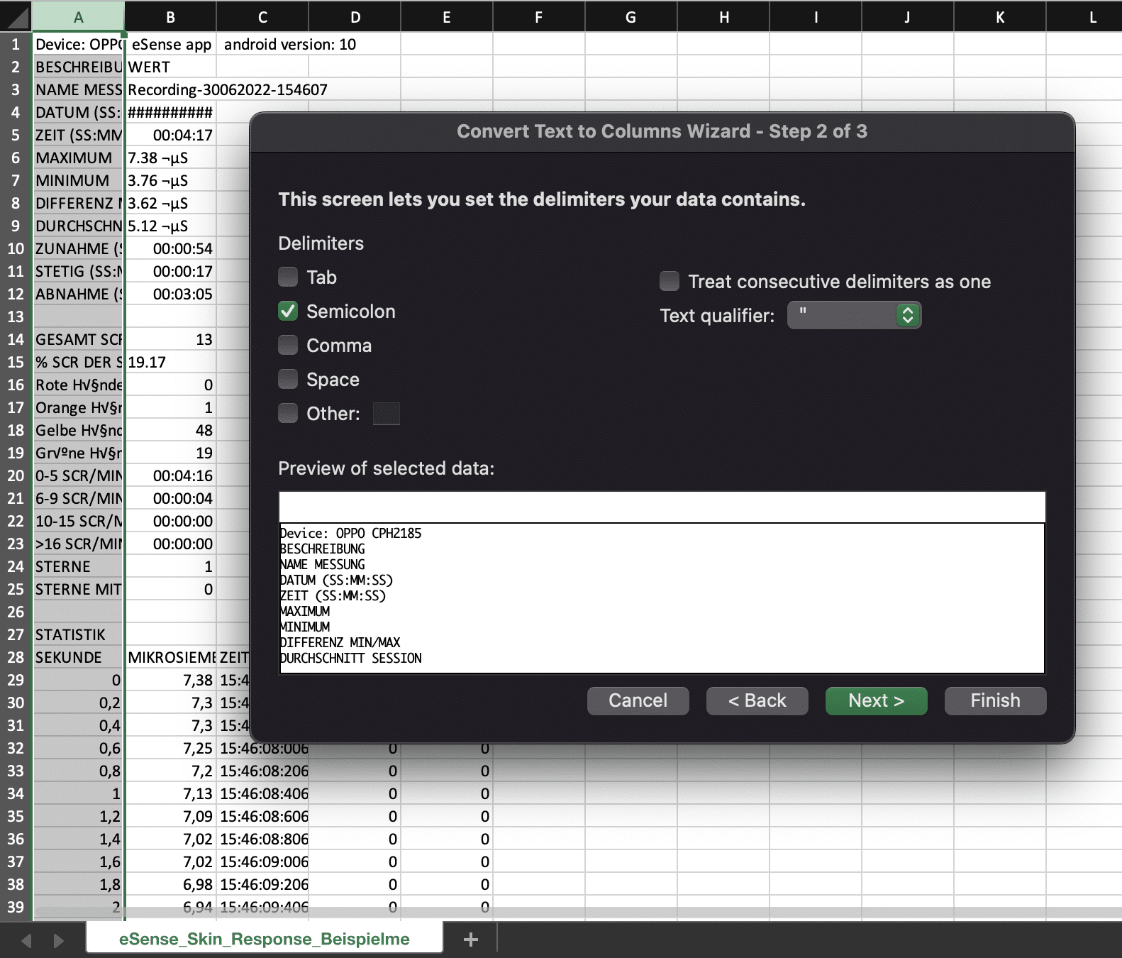 Analysis of eSense data (CSV) – Mindfield Helpdesk